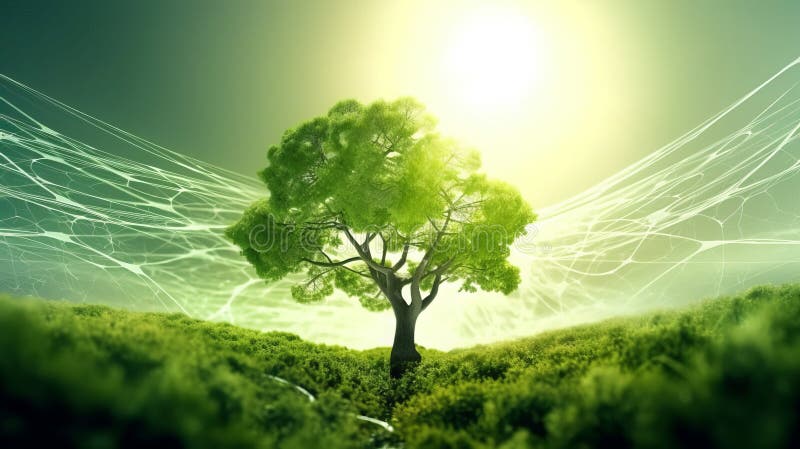 Green Planet Concept - Green Tree with Power Lines and Sunshine Stock ...