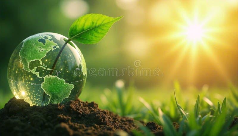 Green Planet Earth with Growing Plant at Sunset for Environment Concept ...