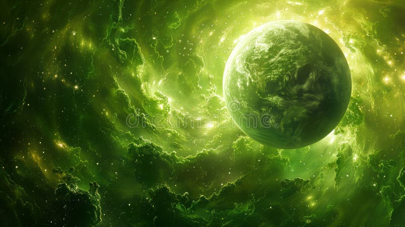 A Green Planet in a Glowing Nebula Stock Illustration - Illustration of ...