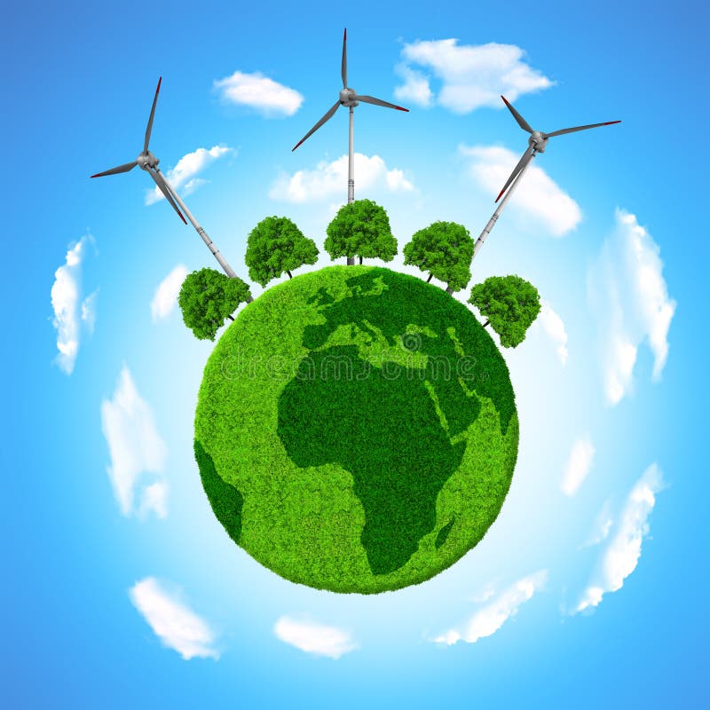 Green Planet with Trees and Wind Turbines Stock Image - Image of ...