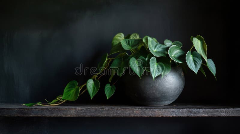 Green Plant in Dark Grey Pot on Rustic Shelf Stock Illustration ...