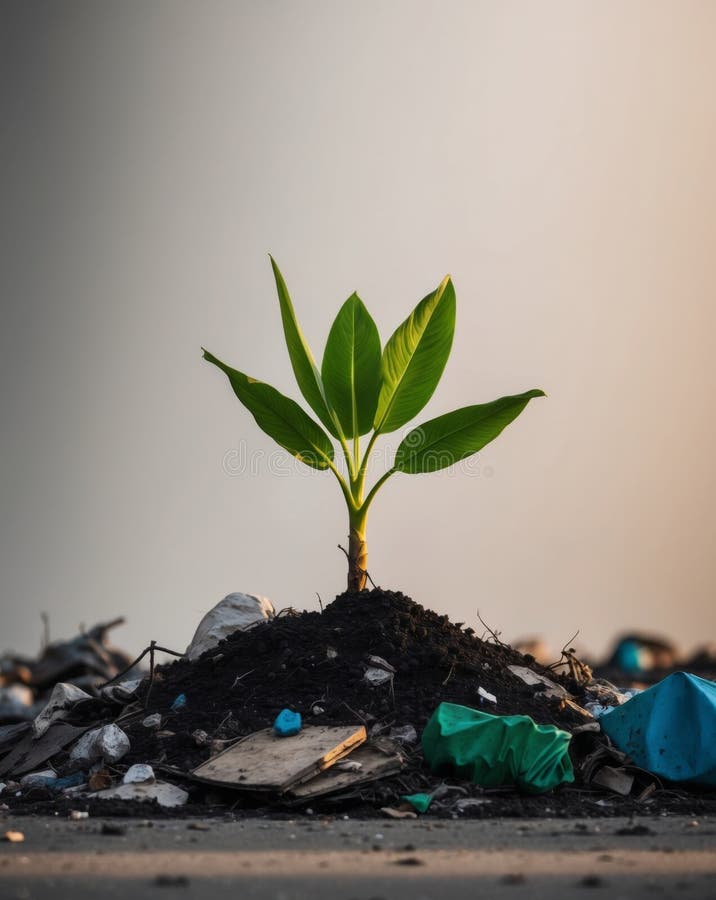 Green Plant Emerges from Dark Soil Amidst Pollution Crisis. Stock Photo ...