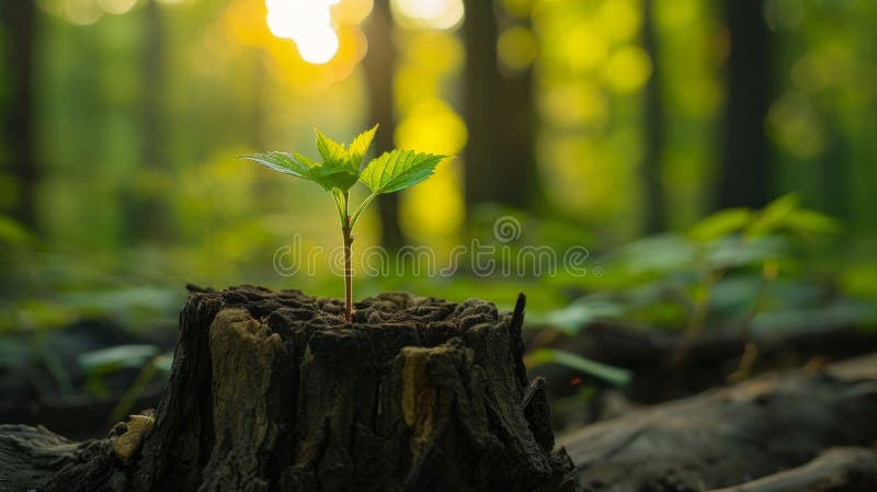 Green Plant Emerging from Tree Stump in Forest Stock Image - Image of ...