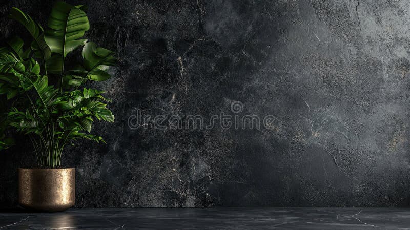 Green Plant in Gold Pot Against Dark Textured Wall Stock Illustration ...