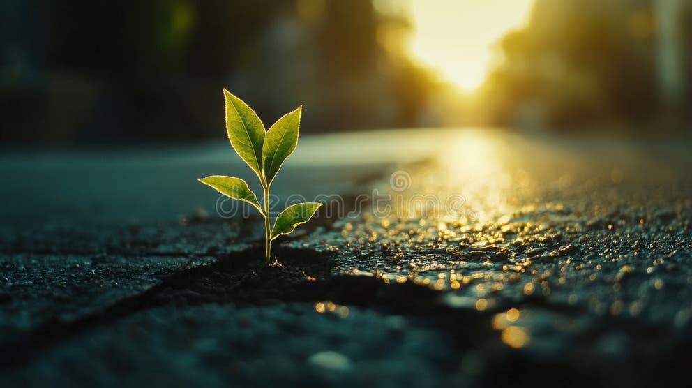 Green Plant Growing through Asphalt Representing Perseverance and New ...