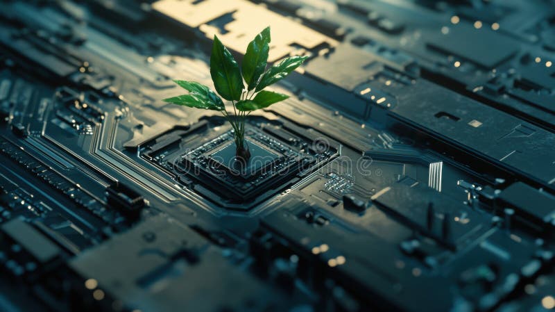 Green Plant Growing from Computer Circuit Board Representing Technology ...