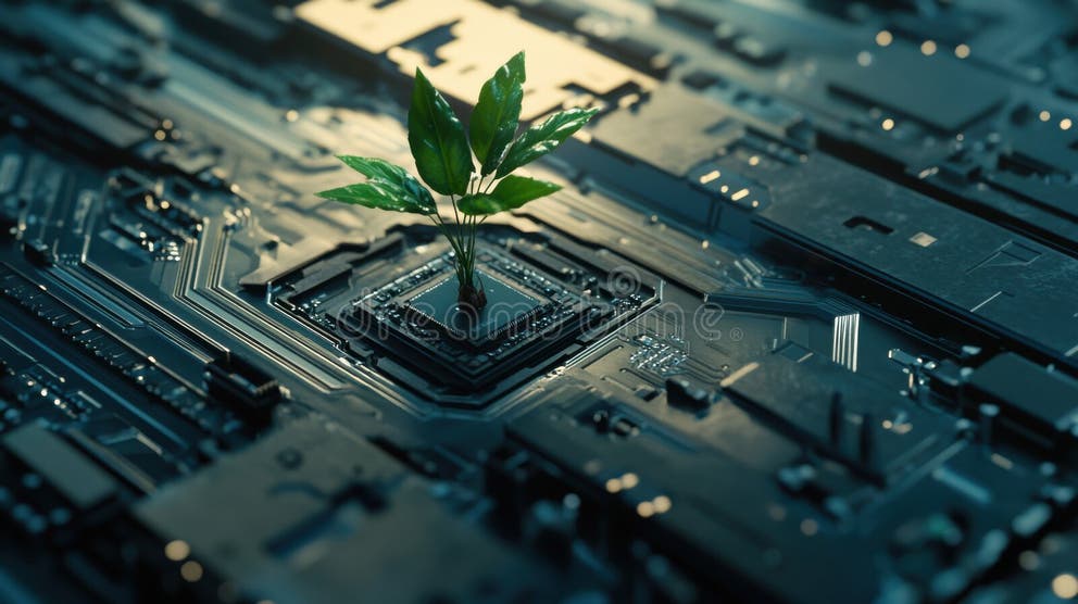 Green Plant Growing from Computer Circuit Board Representing Technology ...