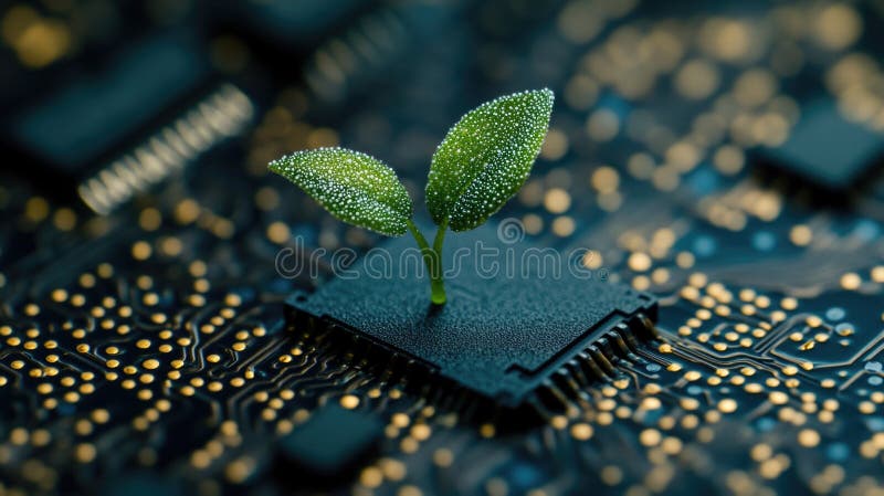 Green Plant Growing on Microchip Symbolizing Technology and Nature ...
