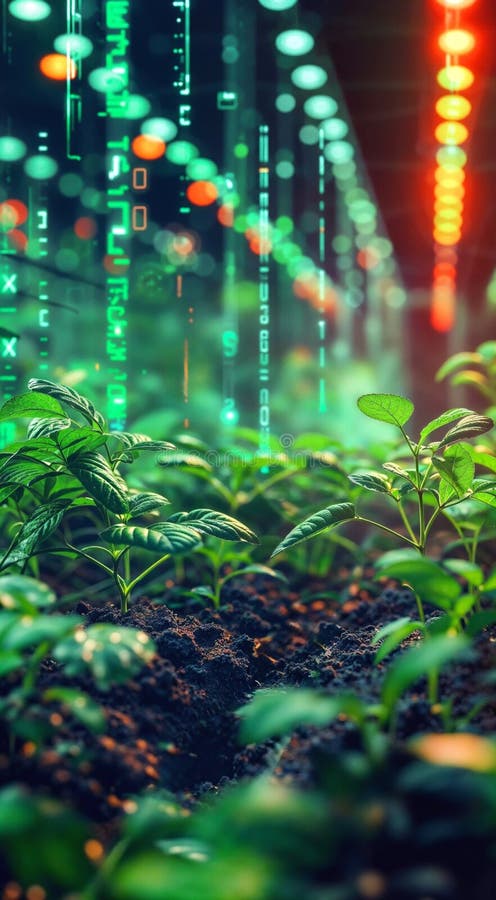 Plants Grow with Tech Data Backdrop, Showcasing Smart Farming Stock ...