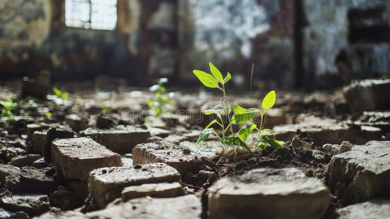 Green Plant Life Emerging from Rubble in Abandoned Building Stock ...