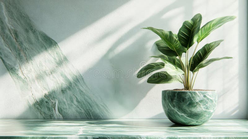 Green Plant in Marble Pot on Marble Surface with Sunlight Stock ...