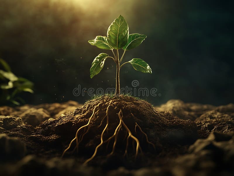Green Plant with Roots, Illuminated by Soft Light in Soil Stock ...