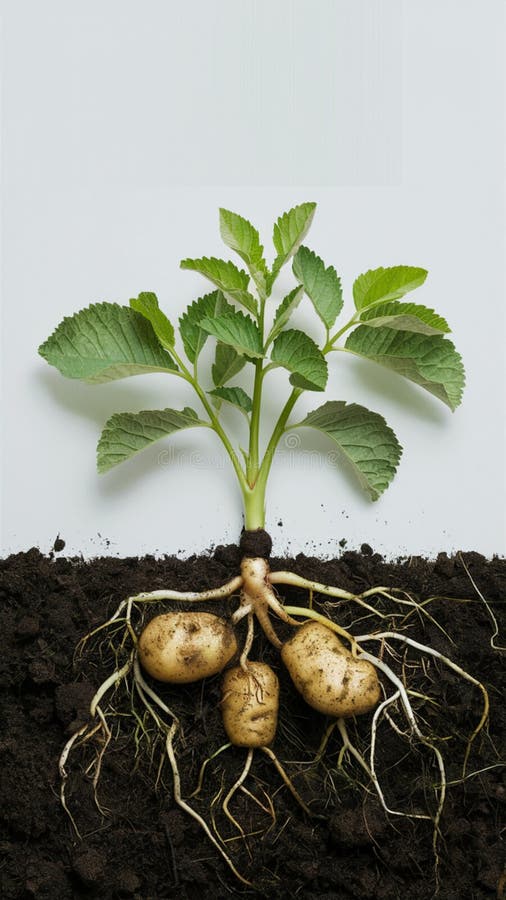 Green Plant with Roots, Two Potatoes Visible, Centered Against Plain ...