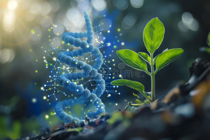 Green Plant Sprout with Blue DNA Molecule Helix Swirling Around it ...