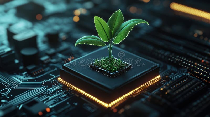 Green Plant Sprouting from a Computer Chip Symbolizing Eco-friendly ...