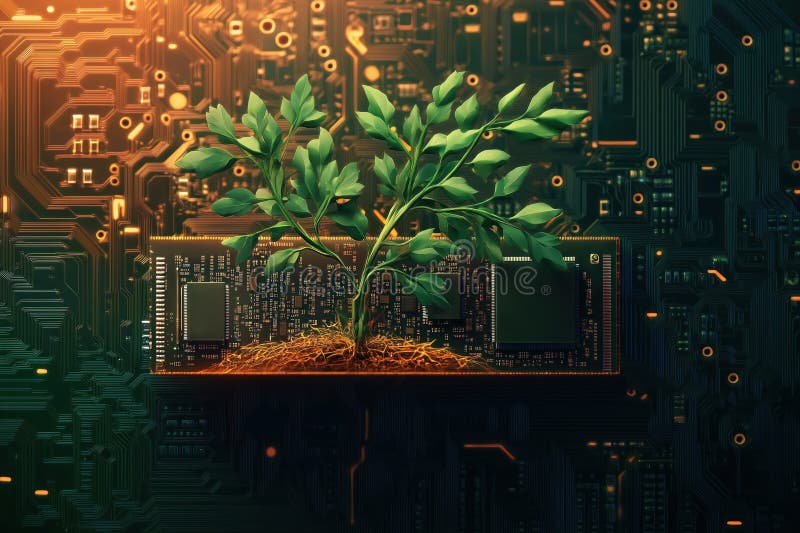 Green Plant Sprouts from Circuit Board. Tech Eco Concept. Sustainable ...