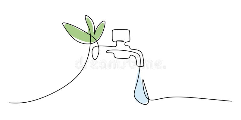 Green Plant Water Tap Continuous Line. Nature Hydration Vector. Water ...