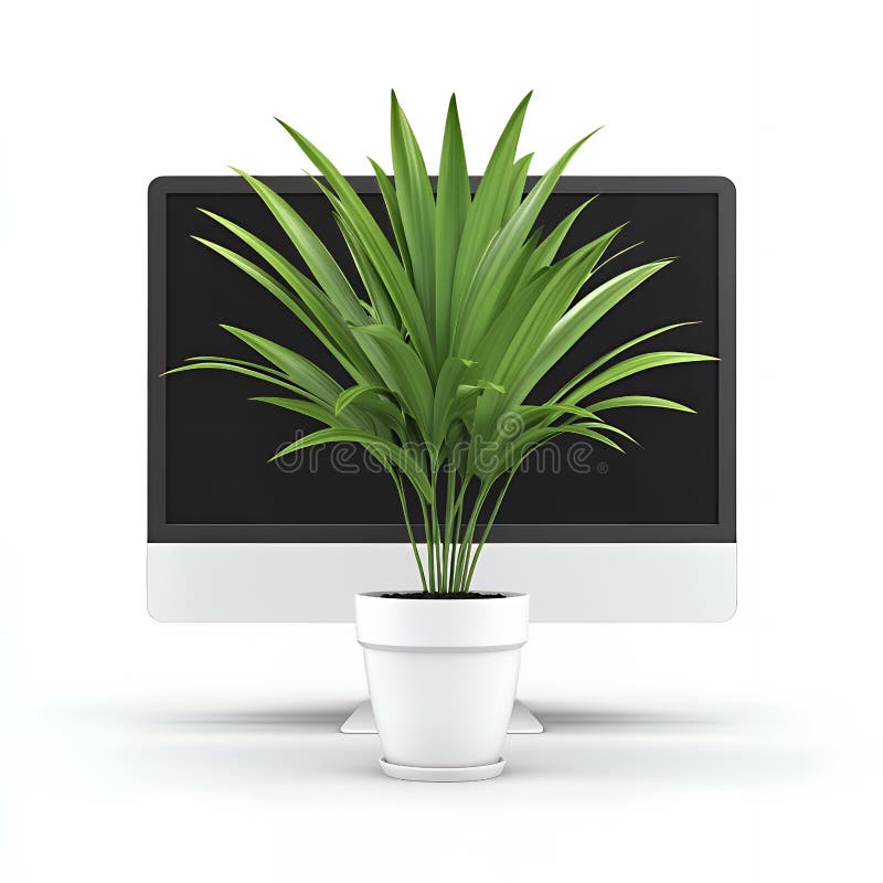Green Plant in a White Pot in Front of a Computer Screen Stock ...