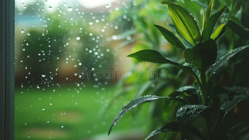 Green Plant by Window with Raindrops, Natural Indoor Scenery. Tranquil ...