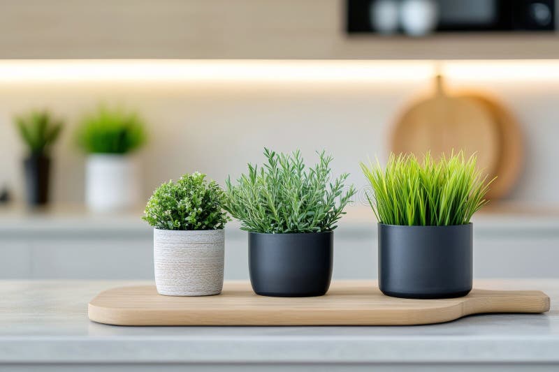 Green Plants and Decorative Pots on Modern Kitchen Countertop in Bright ...