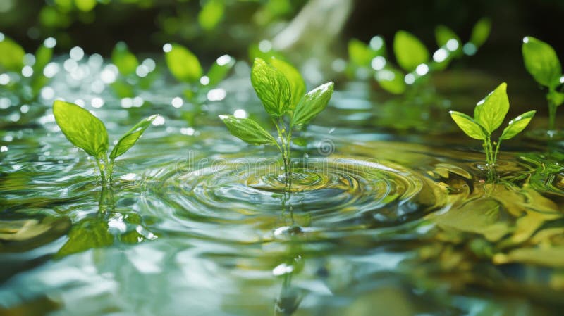 Green Plants Emerging from Water Ripples Stock Illustration ...
