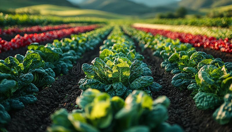 Green Plants Grow in Rows on Rural Farm Land Generated by AI Stock ...