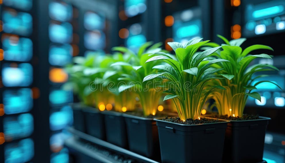 Green Plants Grow on Server Hardware in Data Center. Sustainable Tech ...
