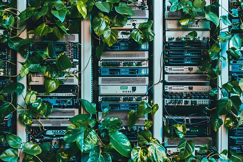 Green Plants Grow on Server Racks in a Data Center Stock Illustration ...