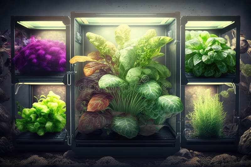 Green Plants Grow in Small Greenhouse with Artificial Lighting ...
