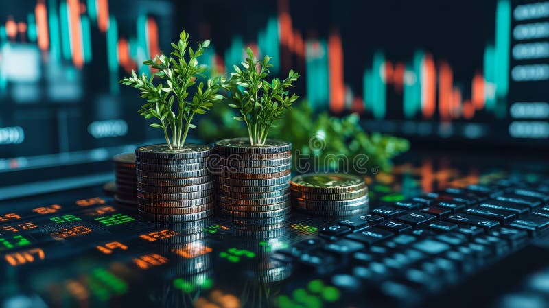 Green Plants Growing from Coins on a Digital Financial Background Stock ...