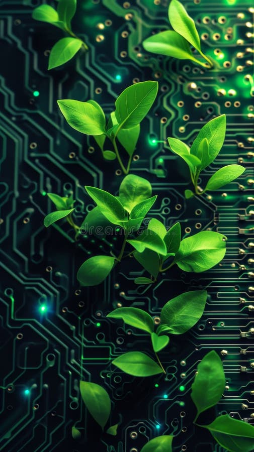Green Plants Growing on Electronic Circuit Board, Eco Technology ...