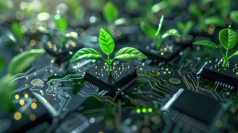 Green Plants Growing on Microchips. Generative Ai Stock Illustration ...