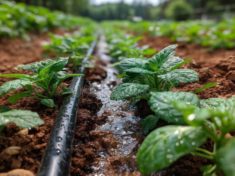 Green Plants Growing in Rows with Drip Irrigation System Stock ...