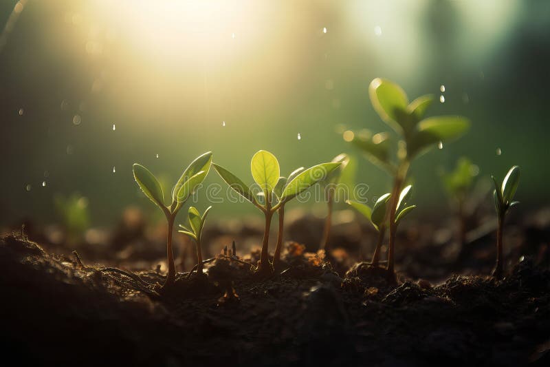 Green Plants Growing Towards the Sun and Rain Drops Falling on the Soil ...
