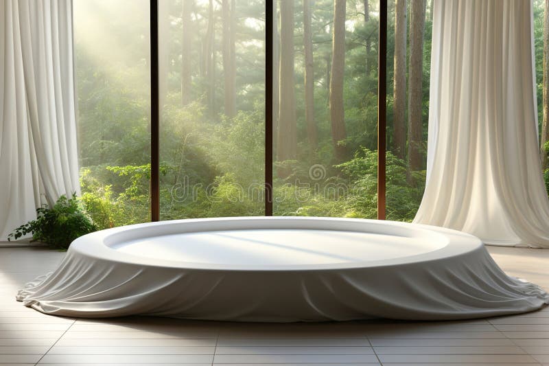 Green Plants, Product Display Podium Covered with White Cloth. Circular ...