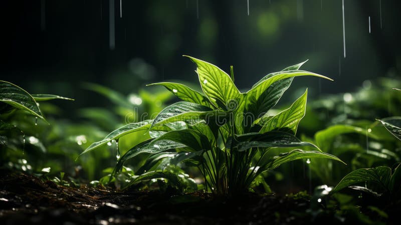 Green Plants in the Rain with Water Droplets Falling from the Sky Stock ...