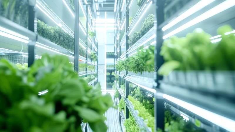 Green Plants Thrive in a Vertical Hydroponic Structure Illuminated by ...
