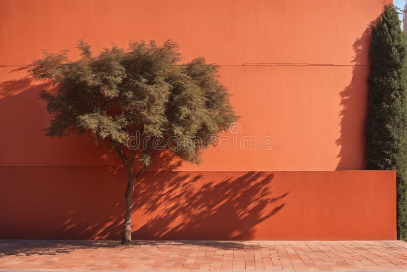 Green Plants and Trees in Front of Retro Red Wall Building Stock ...