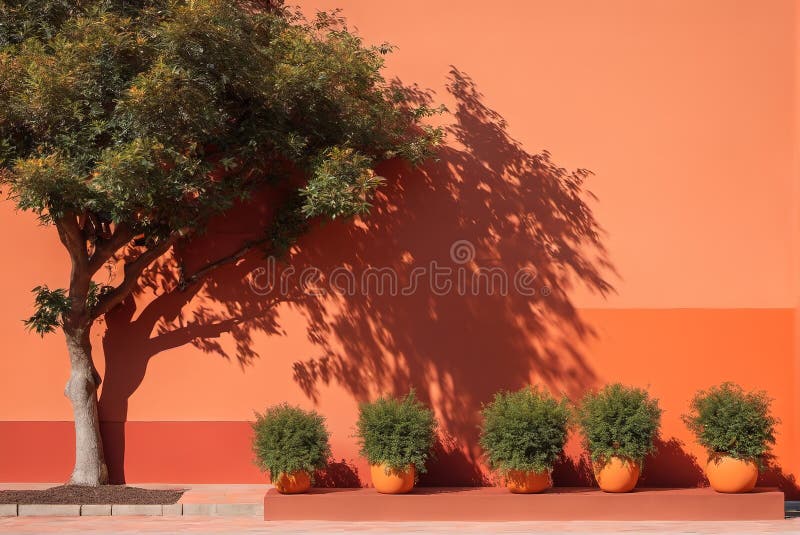 Green Plants and Trees in Front of Retro Red Wall Building Stock ...