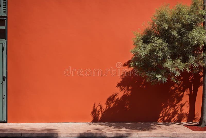 Green Plants and Trees in Front of Retro Red Wall Building Stock ...