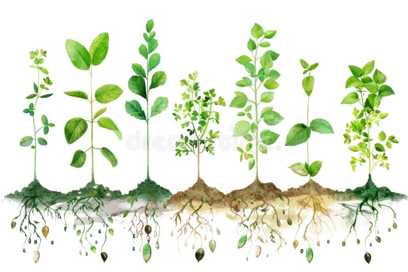 Green Plants of Various Heights with a Root System on a White ...