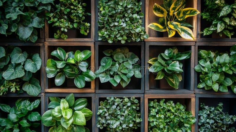 Green Plants in Wooden Square Frames on Wall Stock Illustration ...