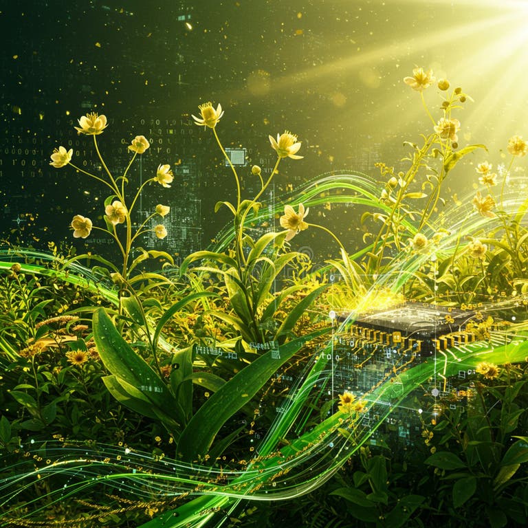 Green Plants with Yellow Flowers are Intertwined with Digital Circuit ...