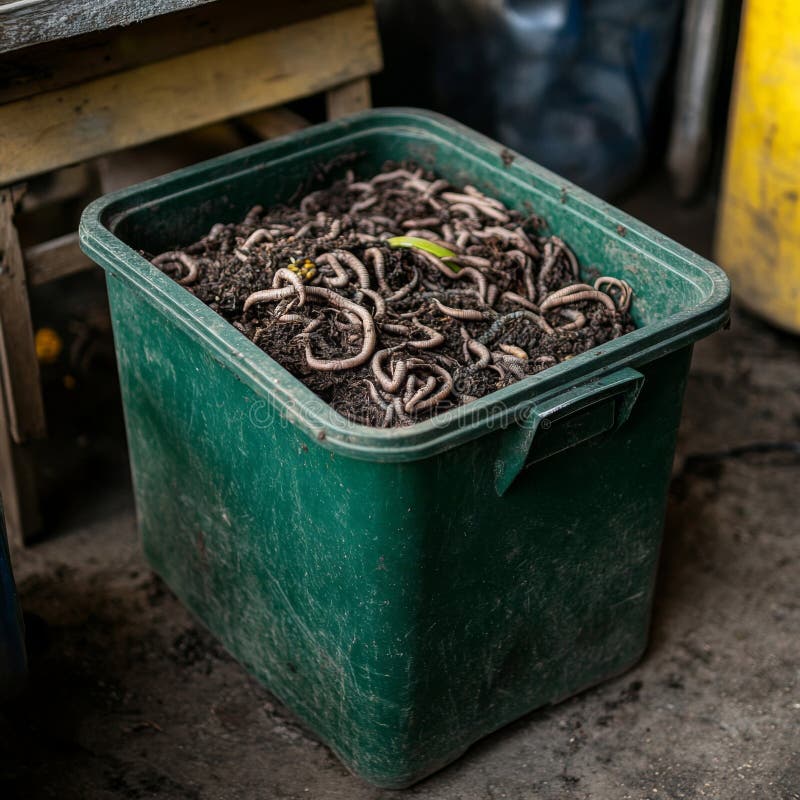 Green Plastic Bin Filled with Earthworms and Soil Stock Illustration - Illustration of organic ...