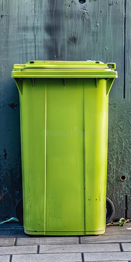 Green Plastic Bin, Green Plastic Bin is Seen Against Wooden Wall Stock ...