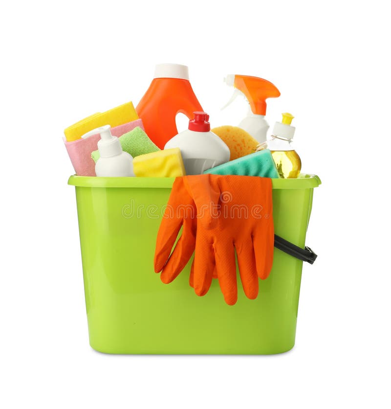 Green Plastic Bucket with Cleaning Supplies and Tools Isolated on White ...