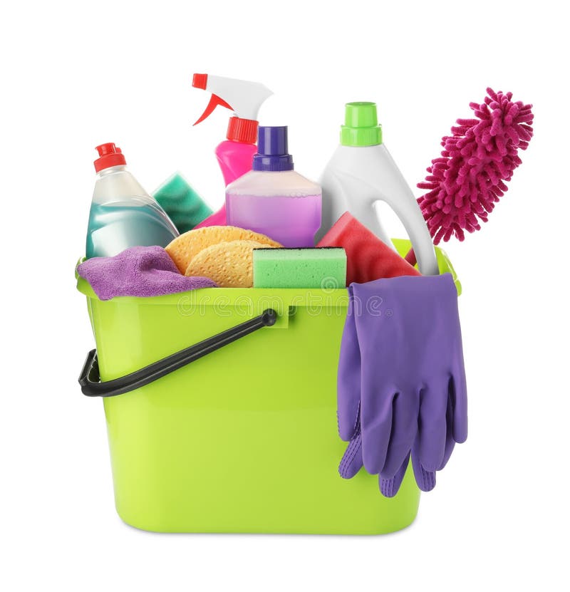 Green Plastic Bucket with Cleaning Supplies and Tools Isolated on White ...