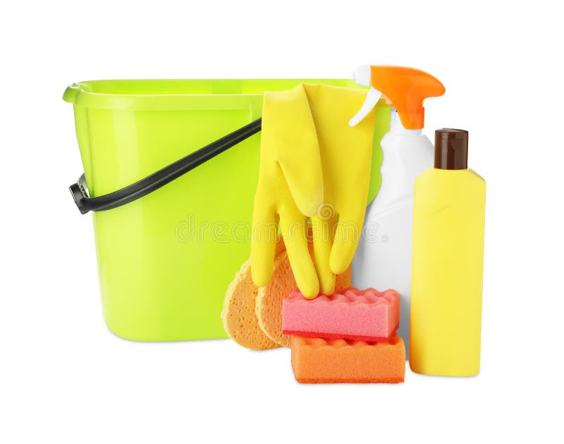 Red Bucket, Cleaning Supplies and Tools on Green Background Stock Image ...