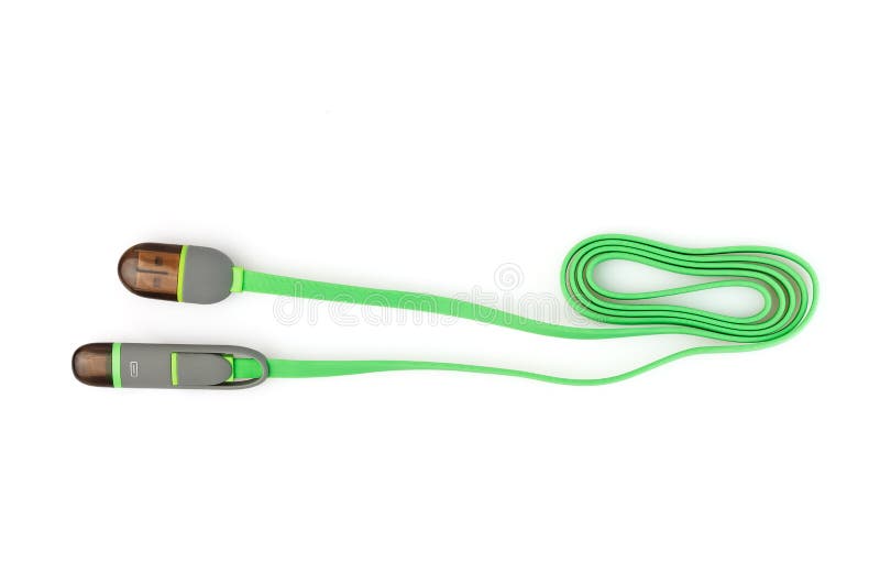 Green Plastic Cable USB-Lightning on White Background. Close Up Stock ...