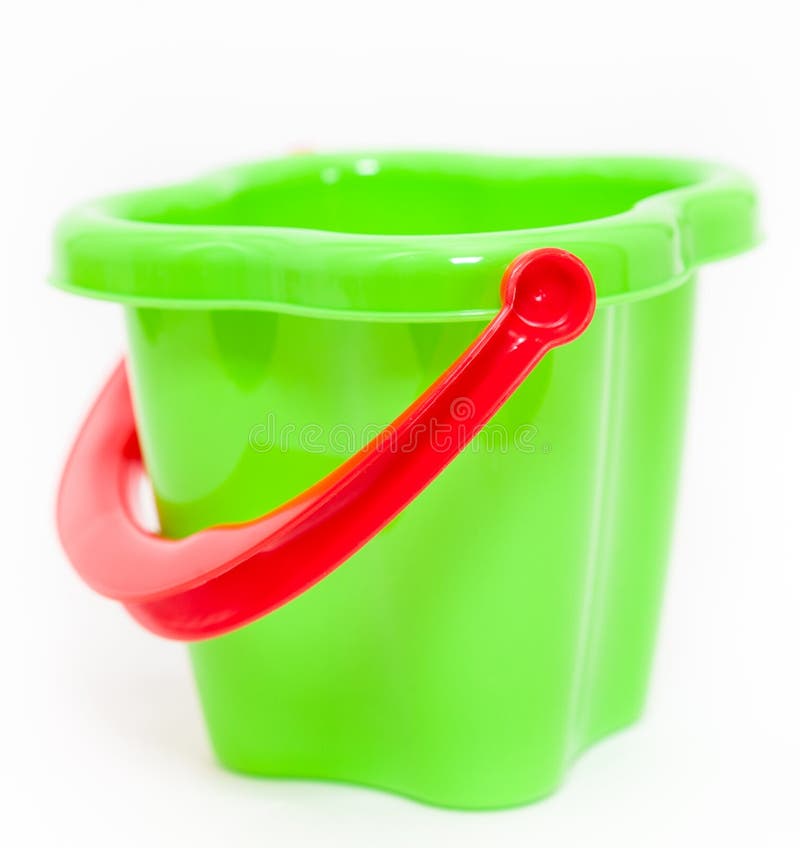 Green Plastic Children Bucket with Red Handle on White Background Stock ...